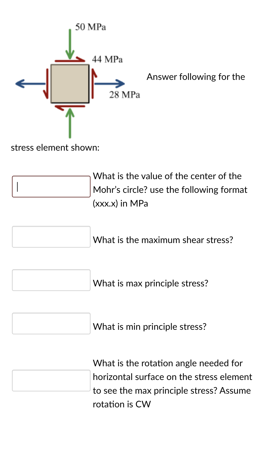 Solved 50 MPa 44 MPa Answer following for the 28 MPa stress | Chegg.com