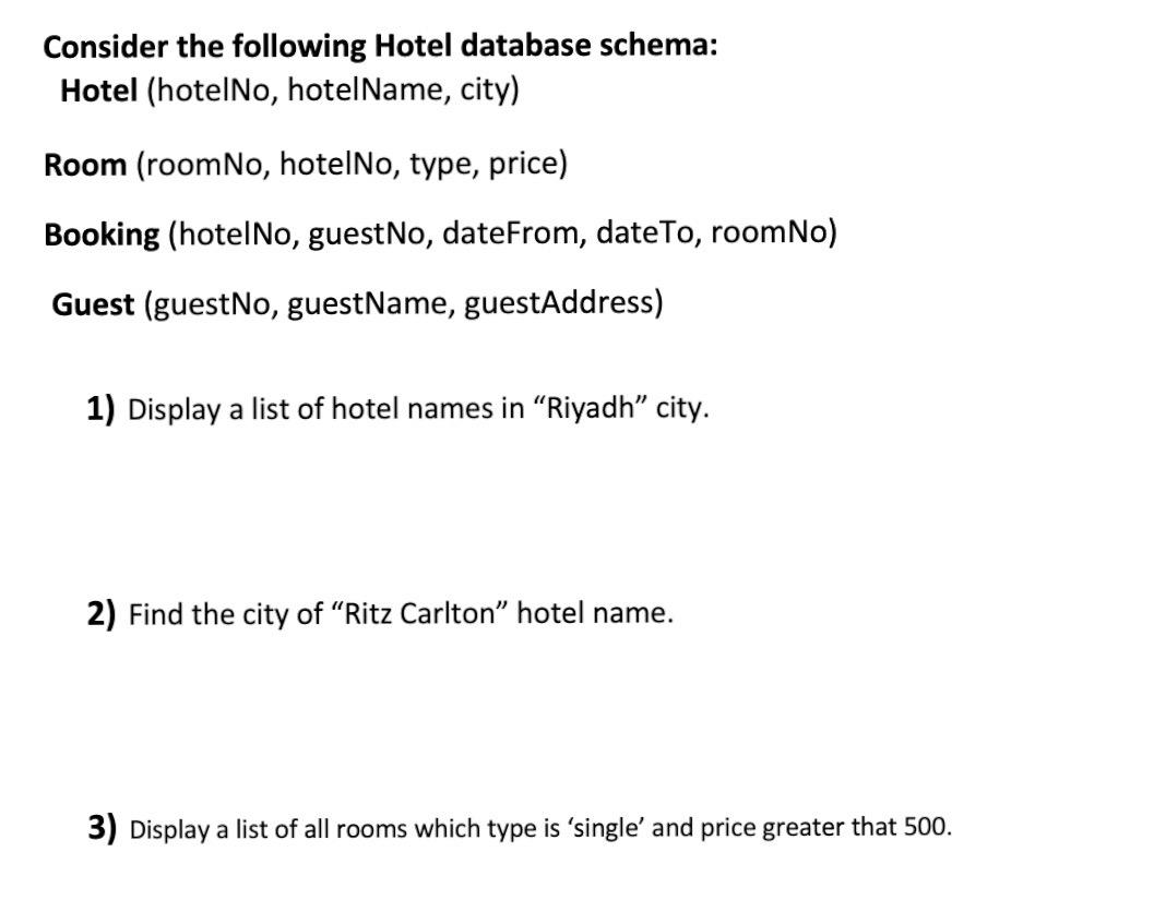 Solved Consider the following Hotel database schema: Hotel | Chegg.com