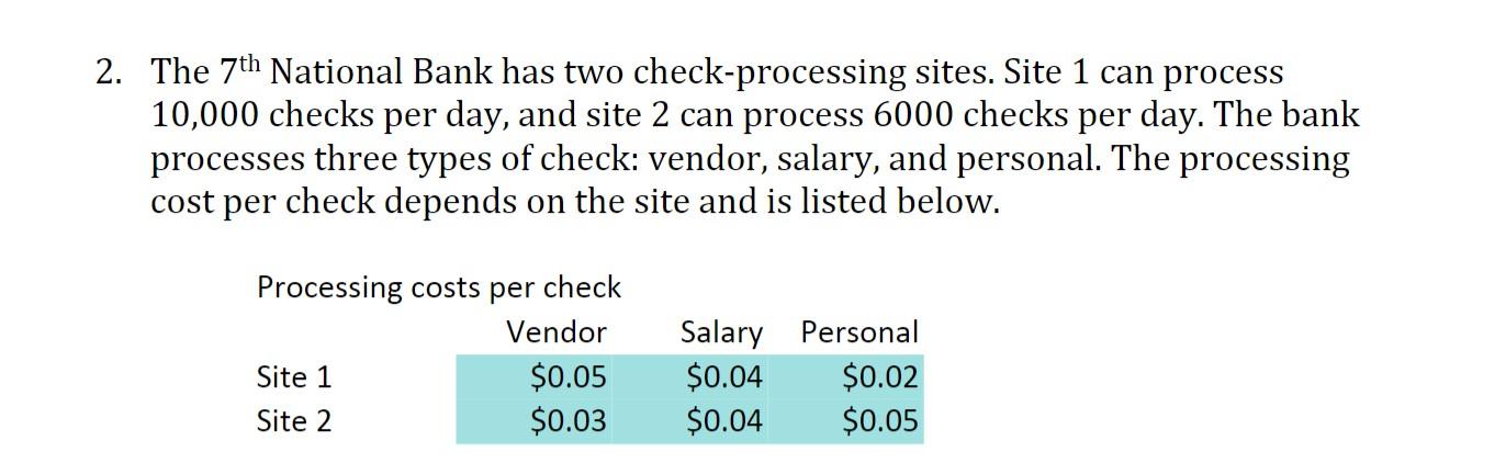 Solved 2. The 7th National Bank has two check-processing | Chegg.com