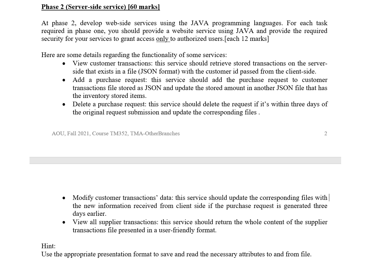 Solved Phase 2 (Server-side service) [60 marks At phase 2, | Chegg.com