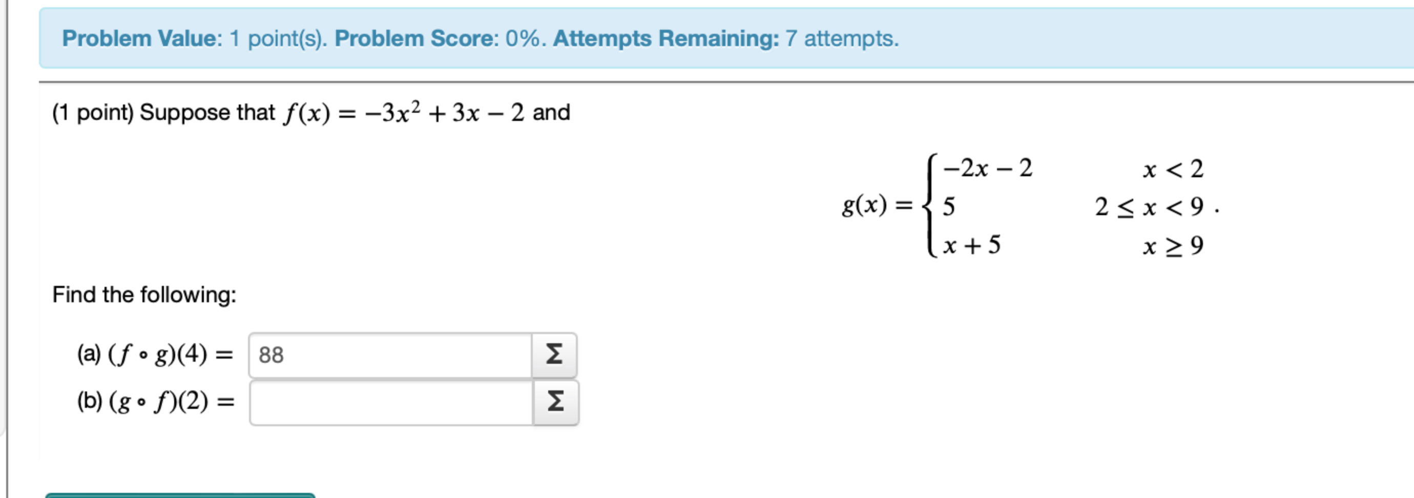 Solved (1 ﻿point) ﻿Suppose that f(x)=-3x2+3x-2 | Chegg.com