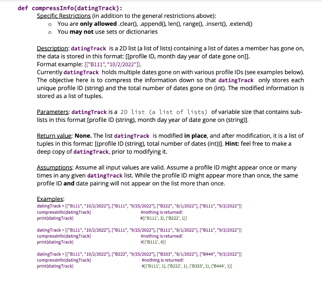 Solved compressInfo(datingTrack): Specific Restrictions (in | Chegg.com