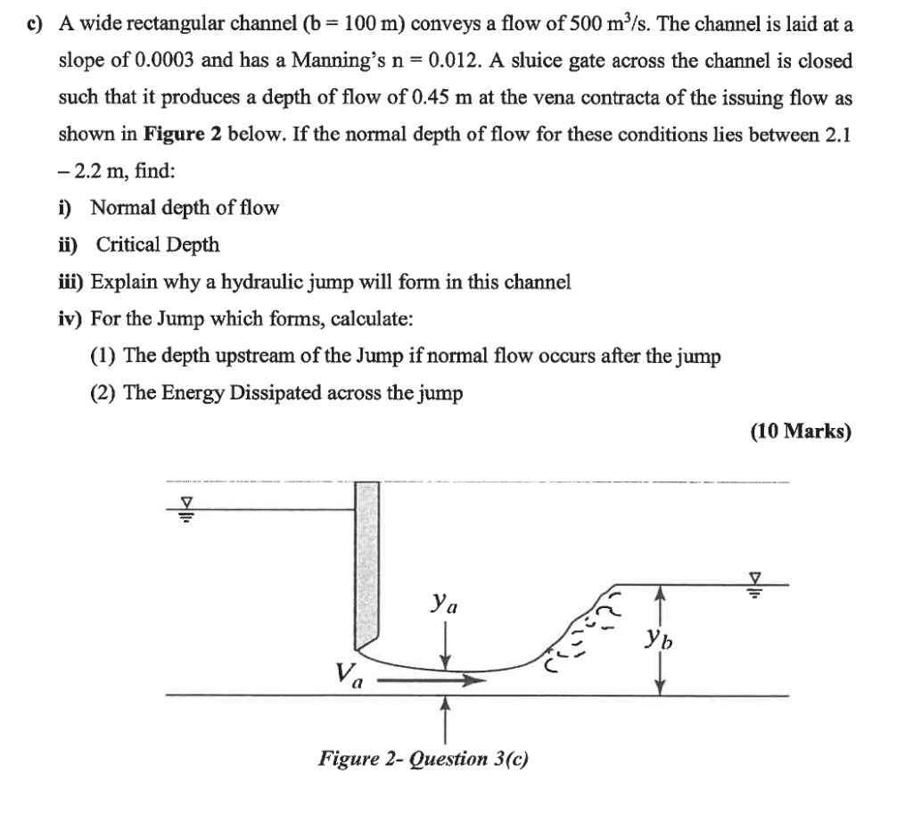 Solved e) A wide rectangular channel (b 100 m) conveys a | Chegg.com