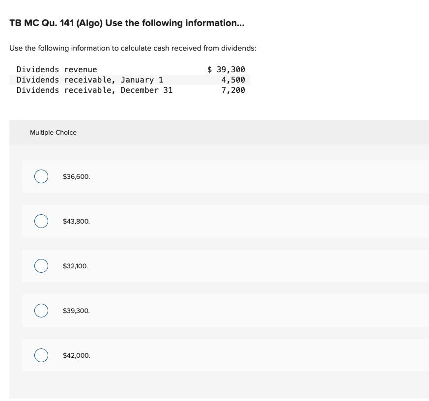 Solved TB MC Qu. 141 (Algo) Use the following information... | Chegg.com