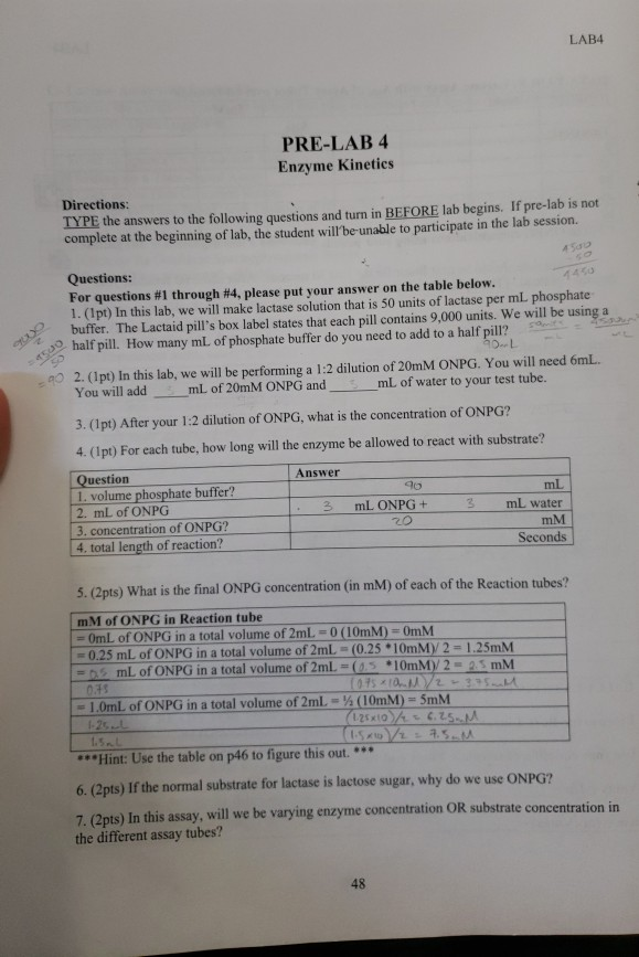 Solved LAB4 PRE-LAB 4 Enzyme Kinetics Directions: TYPE the | Chegg.com