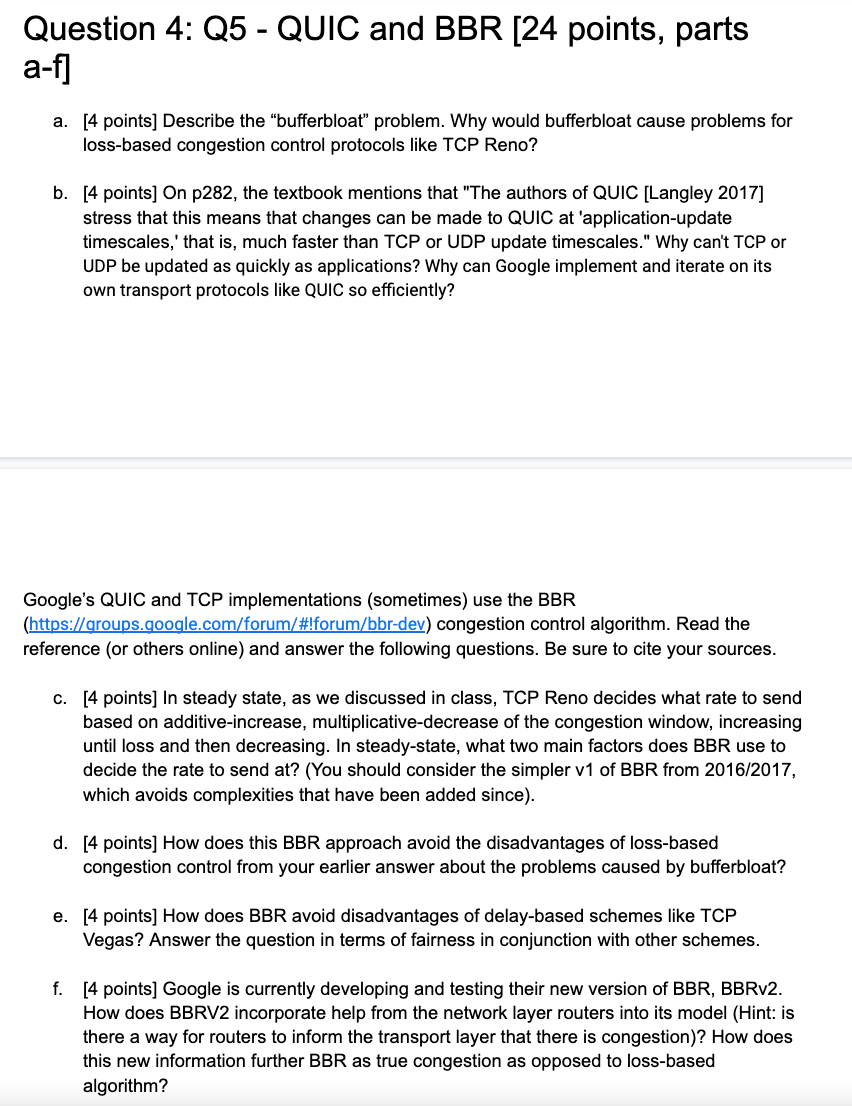 Question 4: Q5 - QUIC and BBR [24 points, parts a−f] | Chegg.com
