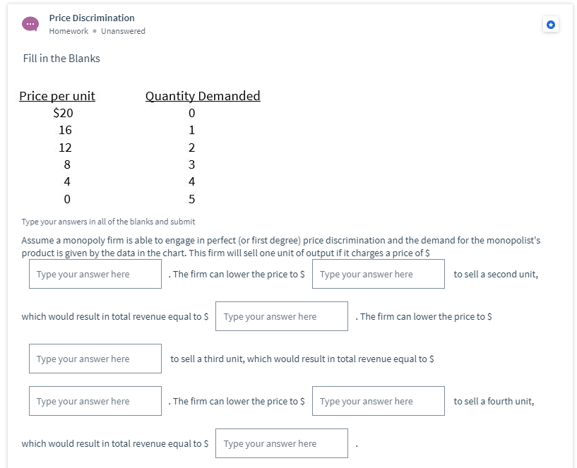 Solved Price Discrimination Homework. Unanswered Fill in the | Chegg.com