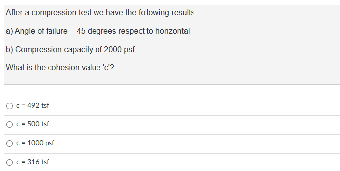 Solved After a compression test we have the following | Chegg.com