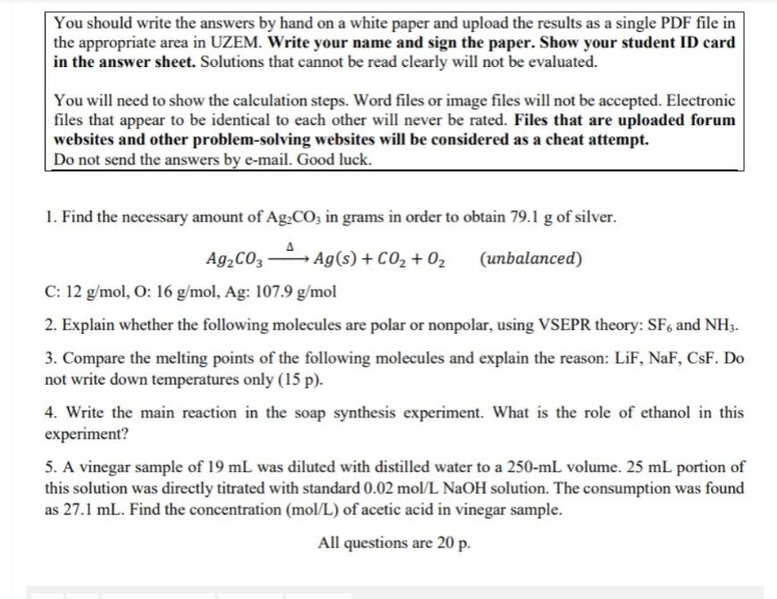 Solved You should write the answers by hand on a white paper | Chegg.com