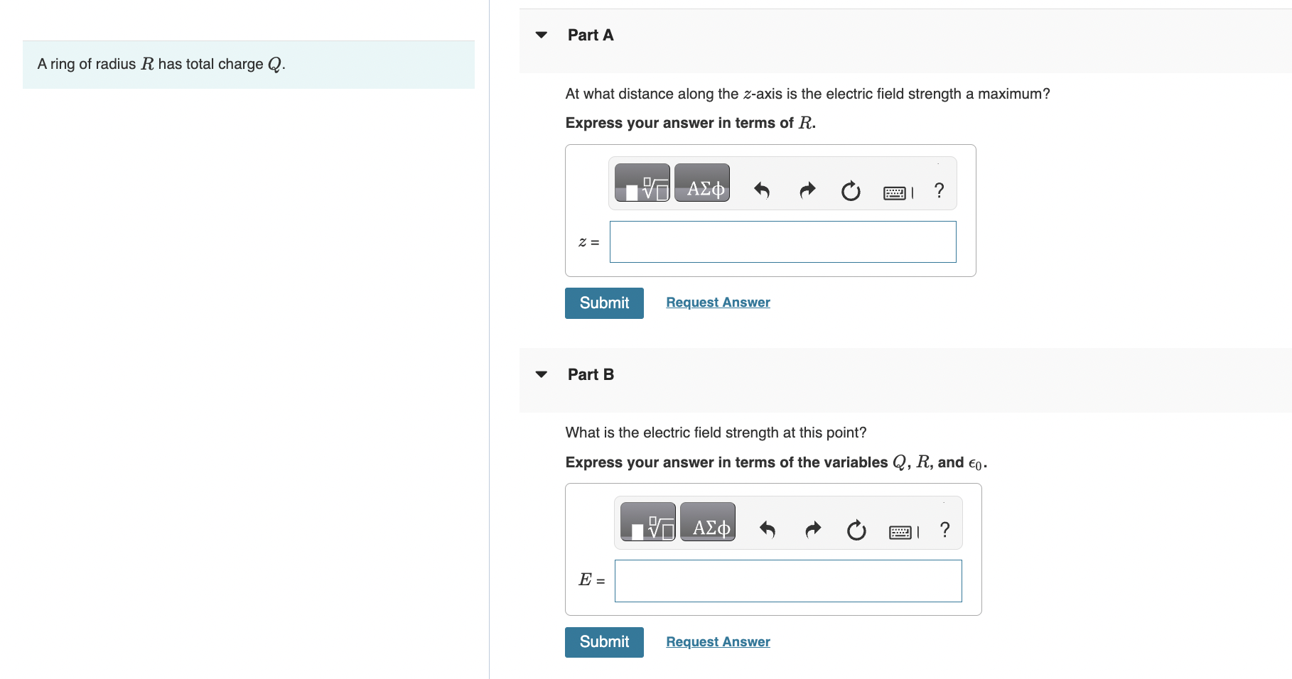 Solved A ring of radius R has total charge Q. At what | Chegg.com