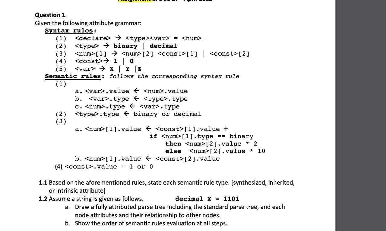 Question 1. Given the following attribute grammar: | Chegg.com