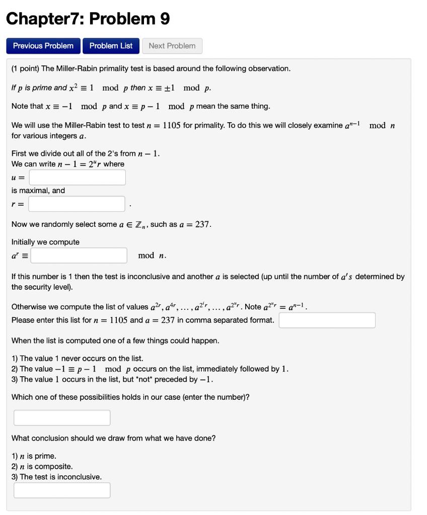 Solved (1 point) The Miller-Rabin primality test is based | Chegg.com