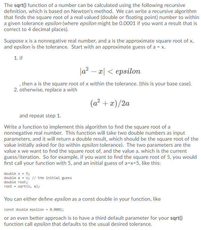 Solved The sqrt) function of a number can be calculated | Chegg.com