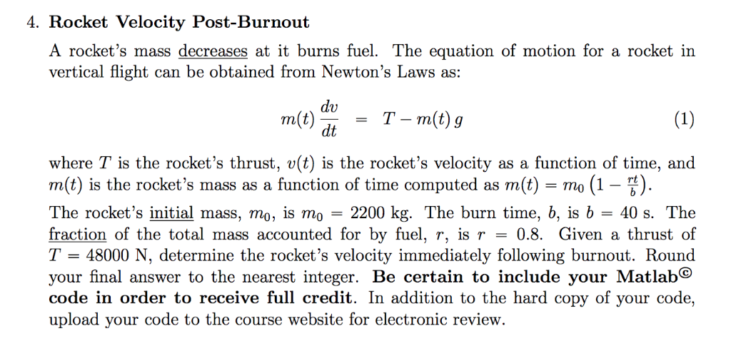Solved 4. Rocket Velocity Post-Burnout A rocket's mass | Chegg.com