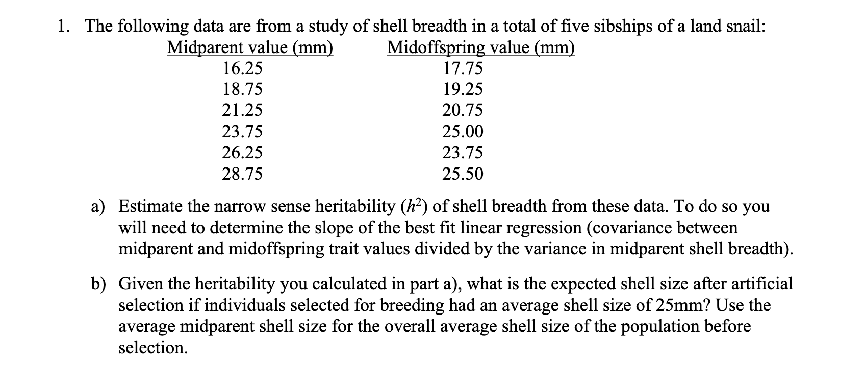 Solved a) Estimate the narrow sense heritability (h2) of | Chegg.com