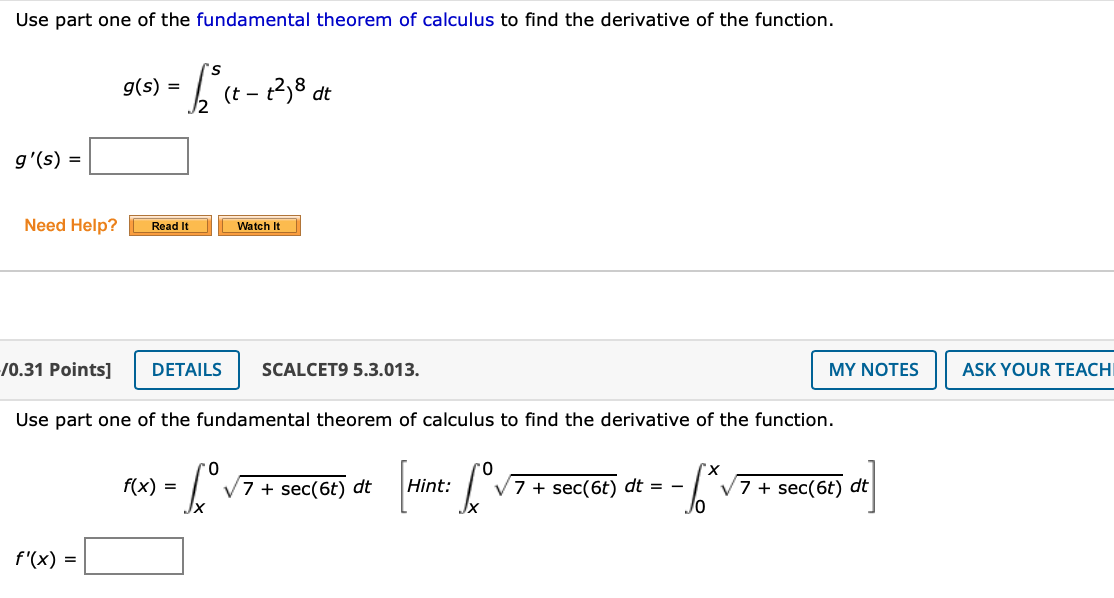 Solved Use part one of the fundamental theorem of calculus | Chegg.com