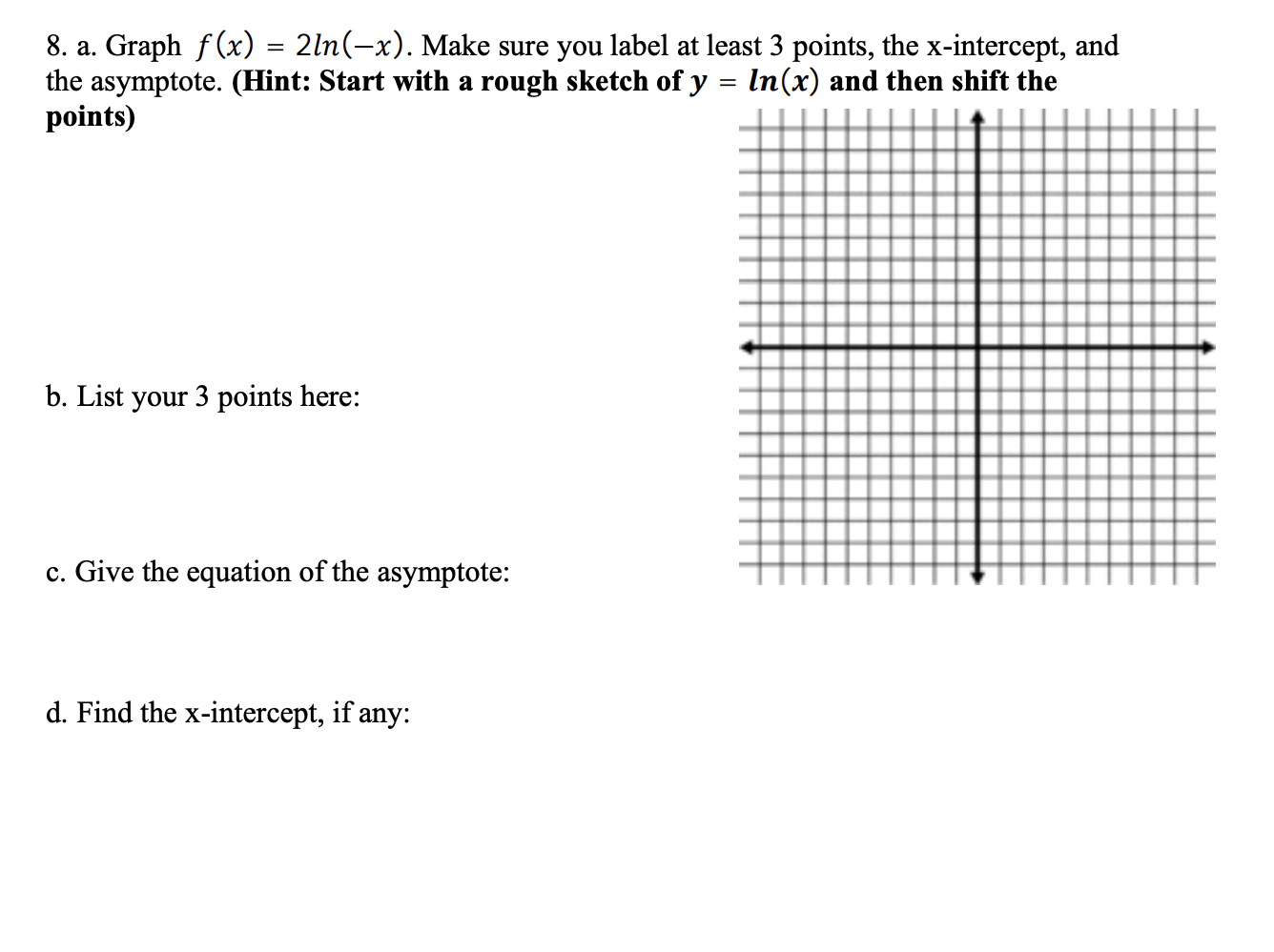 Solved 8. a. Graph f(x)=2ln(−x). Make sure you label at | Chegg.com