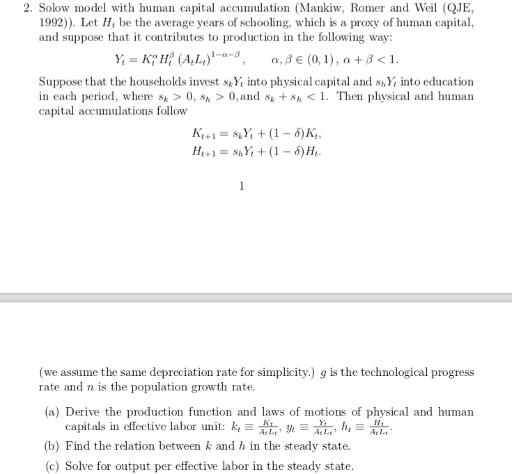 Solow model with human capital accumulation (Mankiw, | Chegg.com