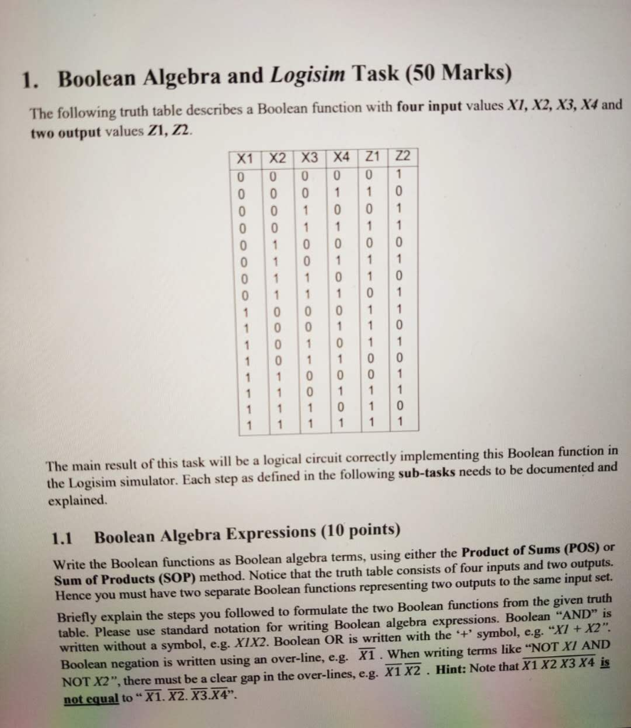Solved 1. Boolean Algebra and Logisim Task (50 Marks) The | Chegg.com