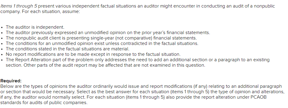 Items 1 through 5 present various independent factual | Chegg.com