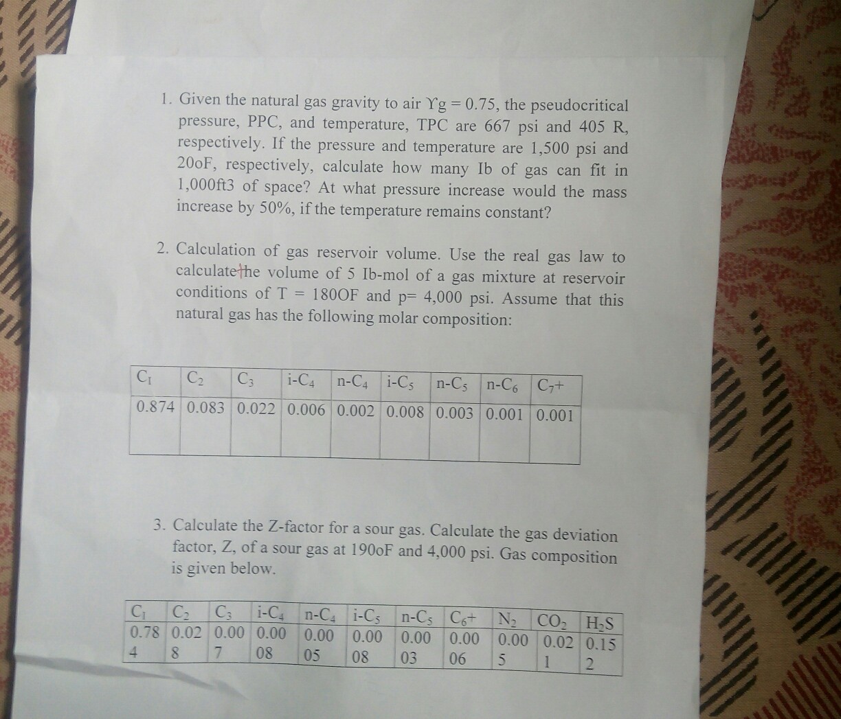 Solved I. Given the natural gas gravity to air Yg = 0.75, | Chegg.com