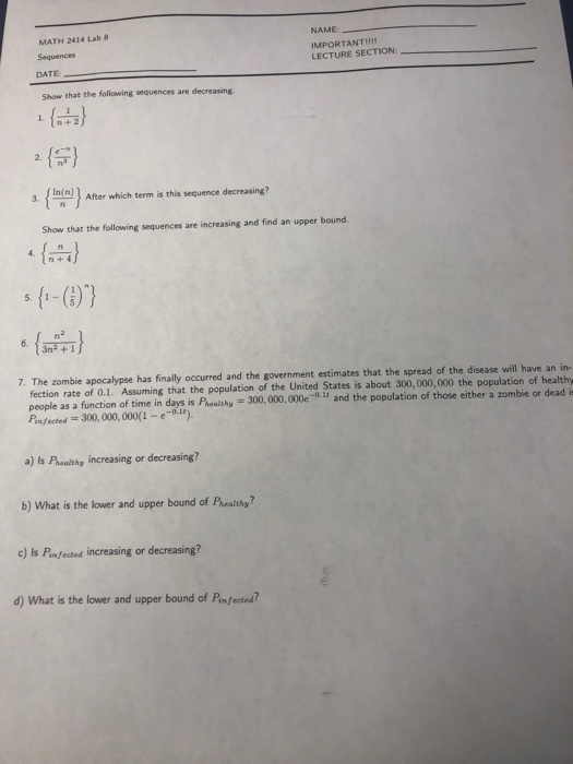 Solved MATH 2414 Lab8 Sequences DATE NAME IMPORTANT LECTURE | Chegg.com