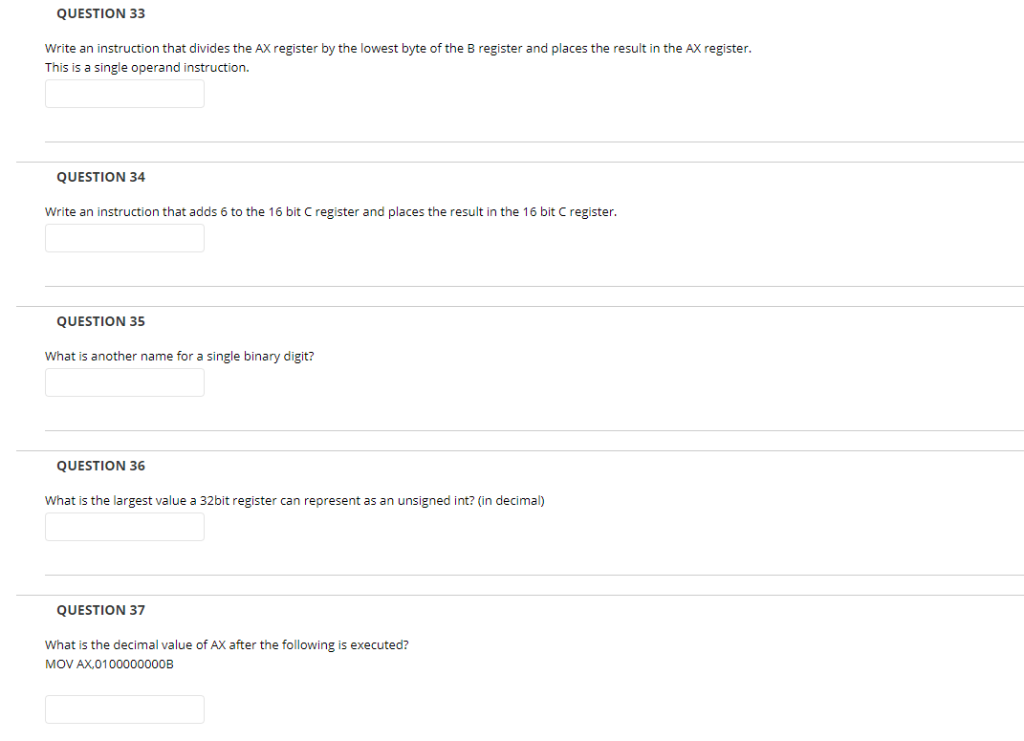 Solved QUESTION 33 Write an instruction that divides the AX | Chegg.com