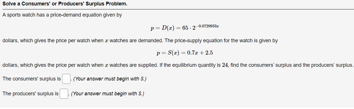 Solved Solve a Consumers' or Producers' Surplus Problem.A | Chegg.com