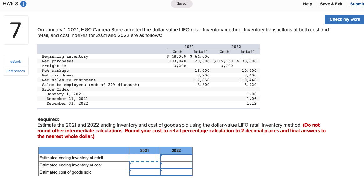Solved HWK 8 i) Saved Help Save & Exit Submit Check my work | Chegg.com