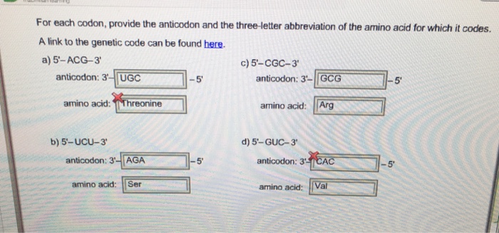 Solved For each codon, provide the anticodon and the | Chegg.com