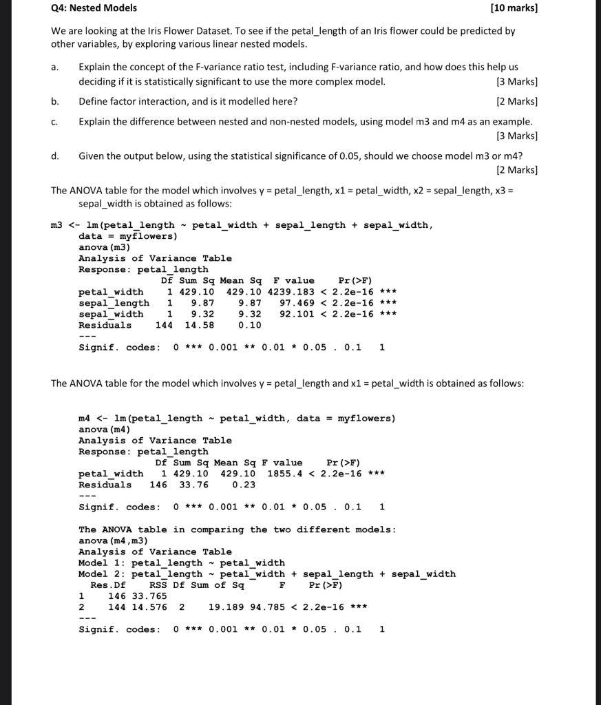 Q4: Nested Models (10 marks) We are looking at the | Chegg.com
