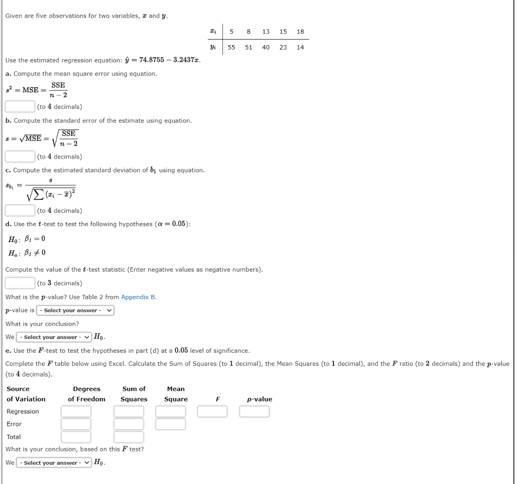Solved Given are five observations for two variables, and y. | Chegg.com