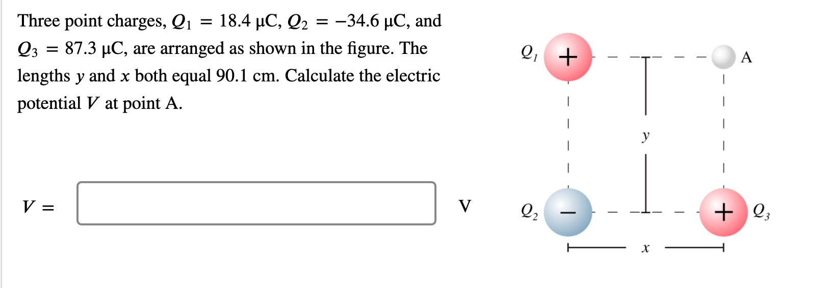 Solved = = Three point charges, Q1 = 18.4 uC, Q2 = -34.6 uC, | Chegg.com