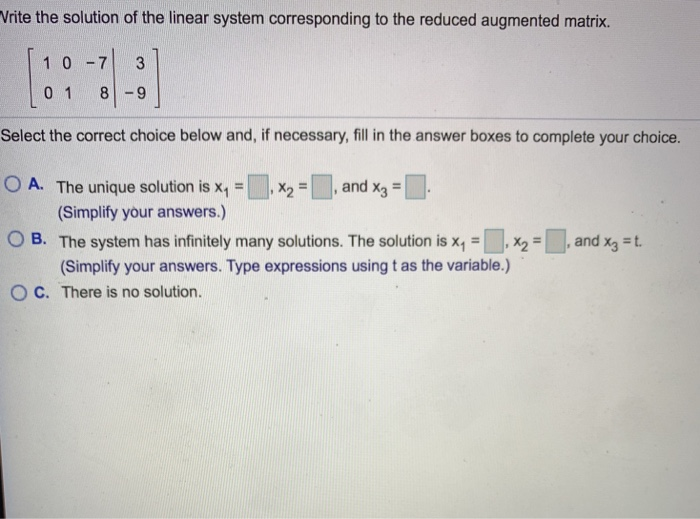 Solved Write the solution of the linear system corresponding | Chegg.com