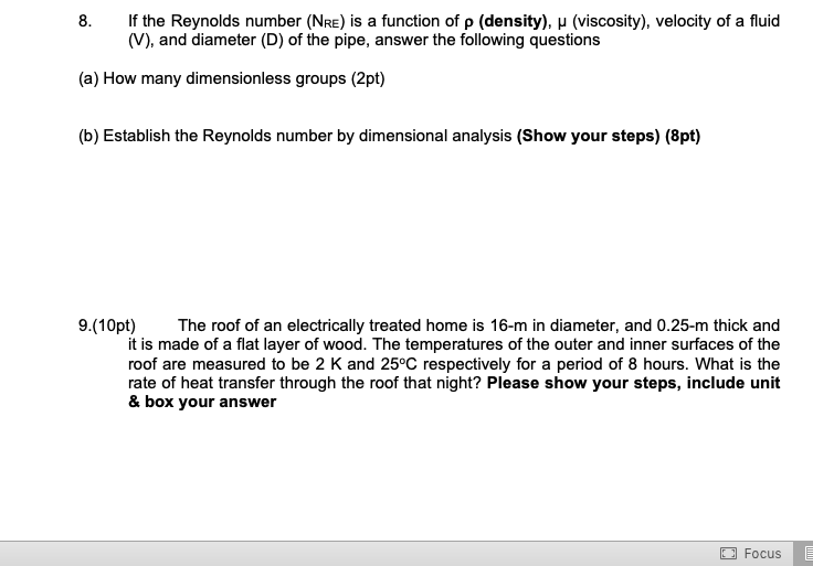 Solved 8. If the Reynolds number (NRE) is a function of p | Chegg.com
