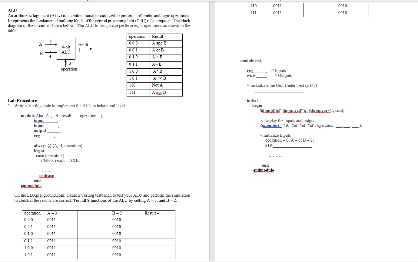 110 0011 0010 0010 111 0011 4 ALU An arithmetic logic | Chegg.com