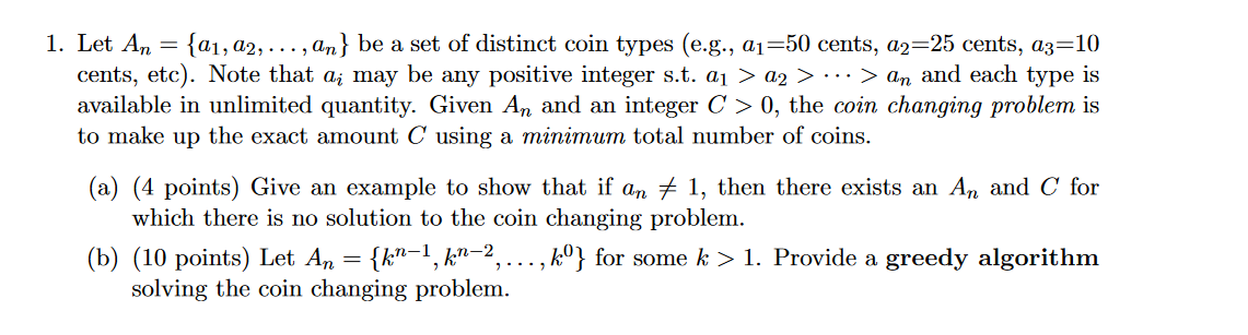 Solved 1. Let An={a1,a2,…,an} be a set of distinct coin | Chegg.com