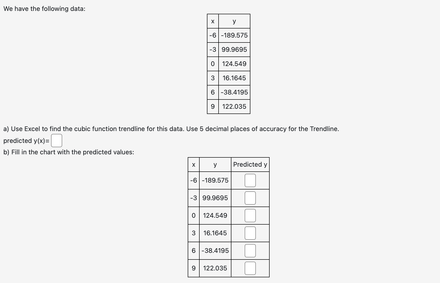 Solved 8.We have the following data:a) ﻿Use Excel to find | Chegg.com