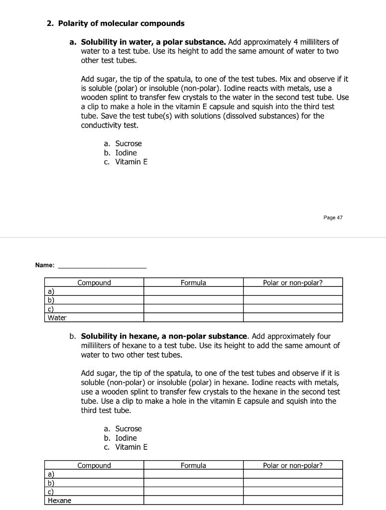 Solved 2. Polarity of molecular compounds a. Solubility in | Chegg.com