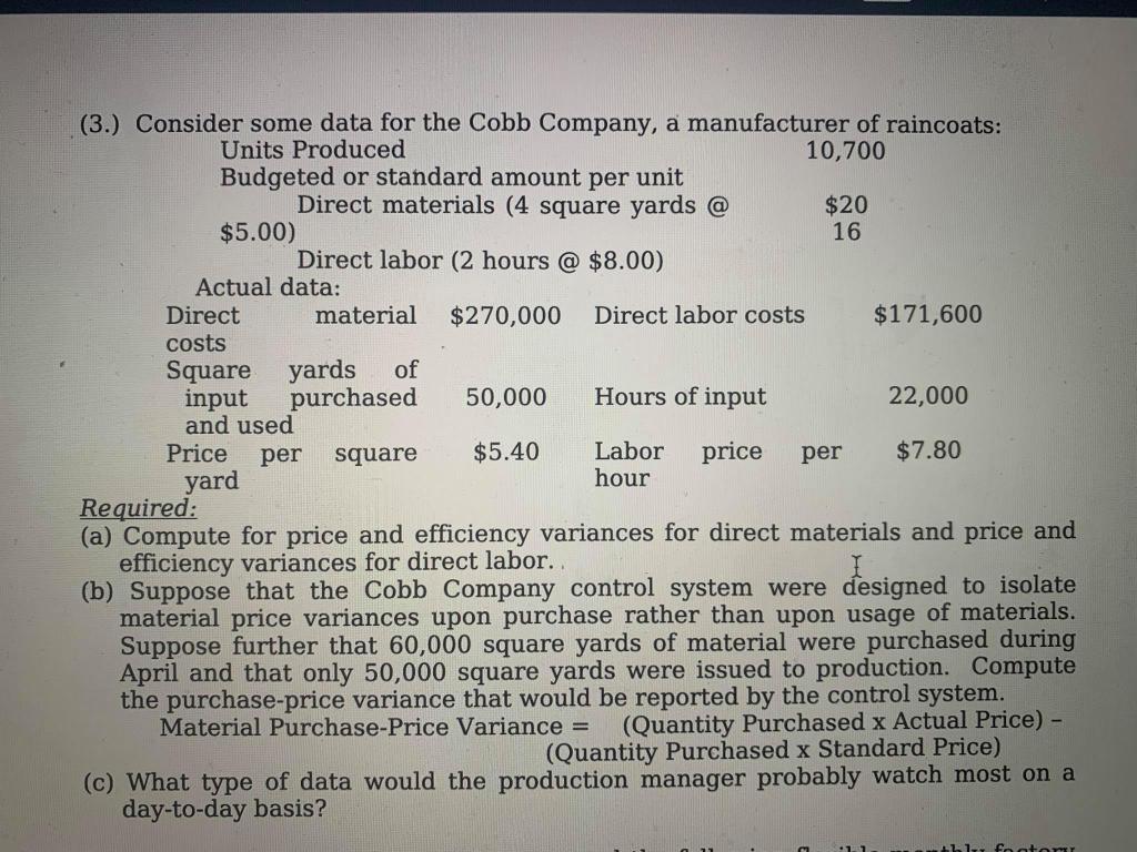 Solved 3 Consider Some Data For The Cobb Company A Chegg