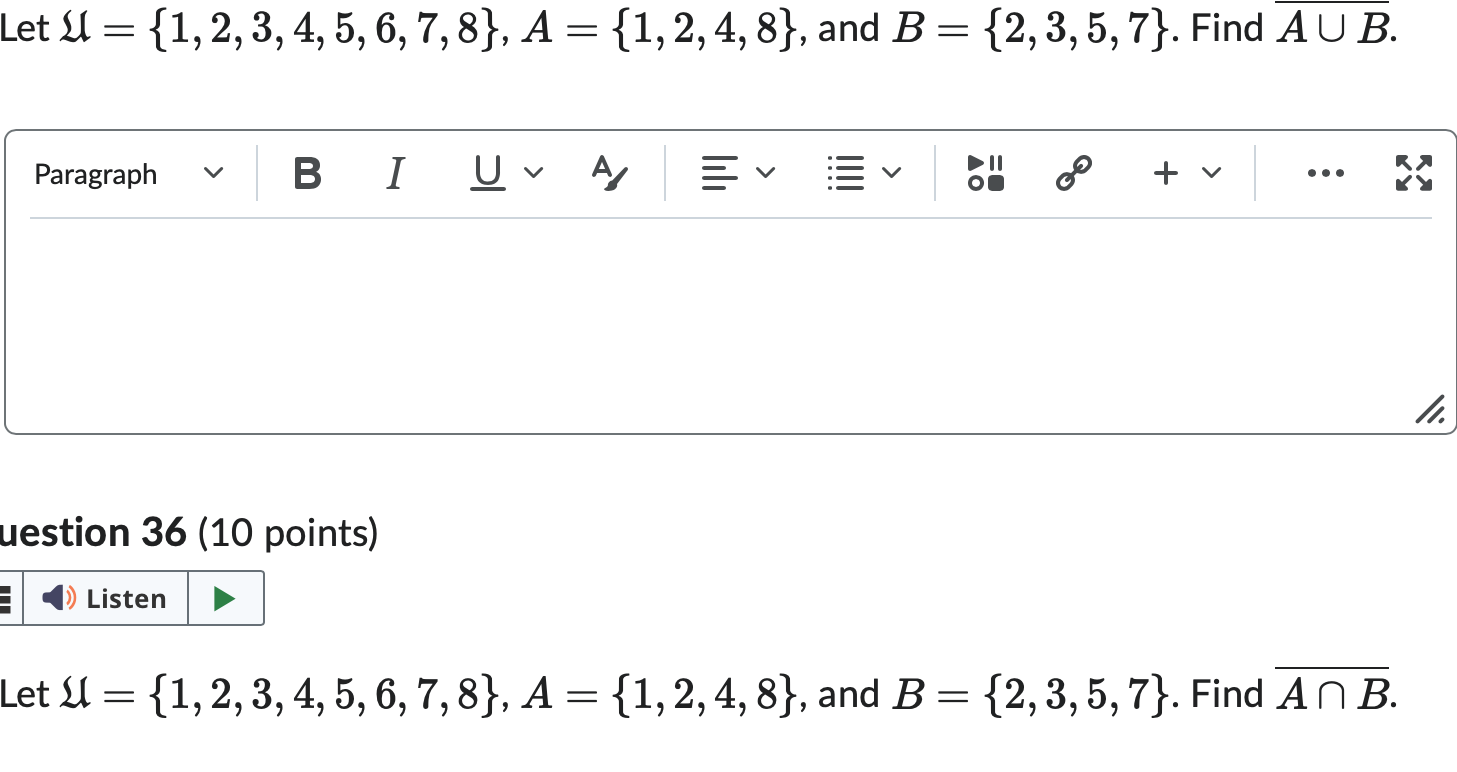 Solved Let U={1,2,3,4,5,6,7,8},A={1,2,4,8}, and B={2,3,5,7}. | Chegg.com