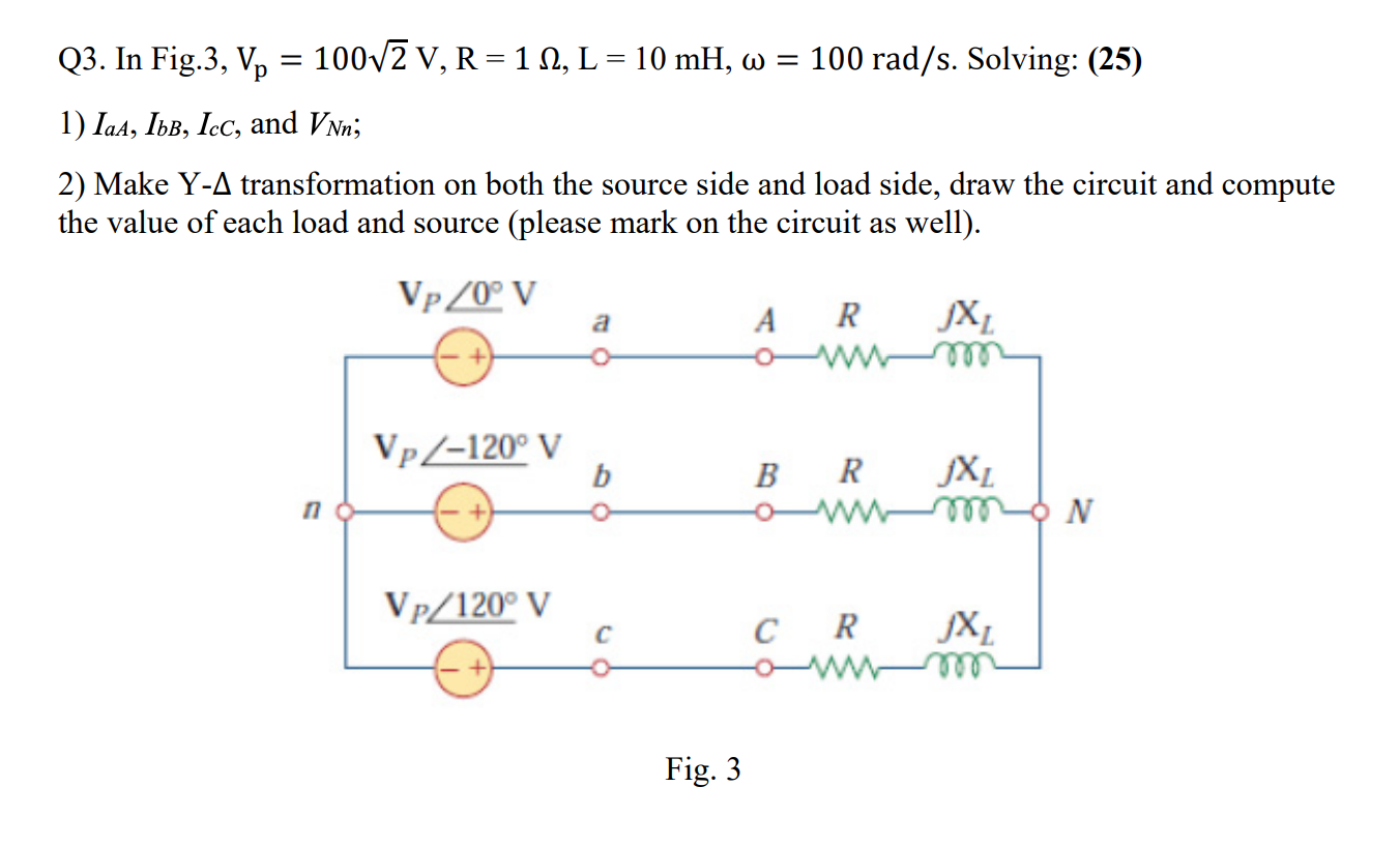 Solved Q3. In Fig.3, Vp = 100V2 V, R = 11, L = 10 mH, w = | Chegg.com