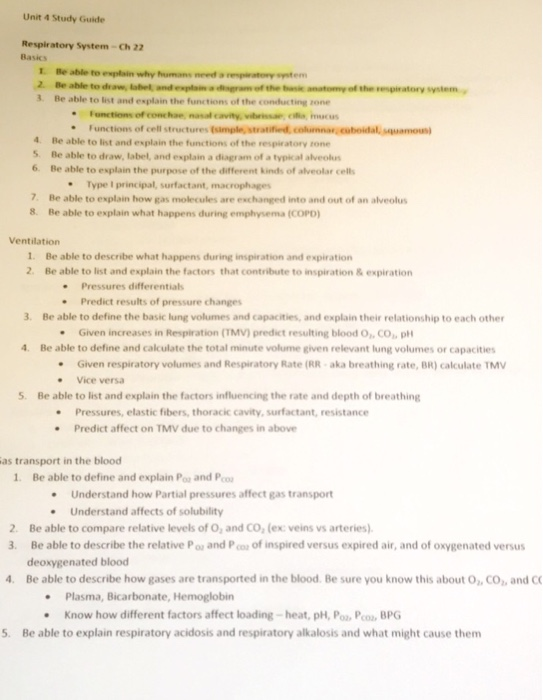 Solved Unit 4 Study Guide Respiratory System-Ch 22 Basics 1. | Chegg.com