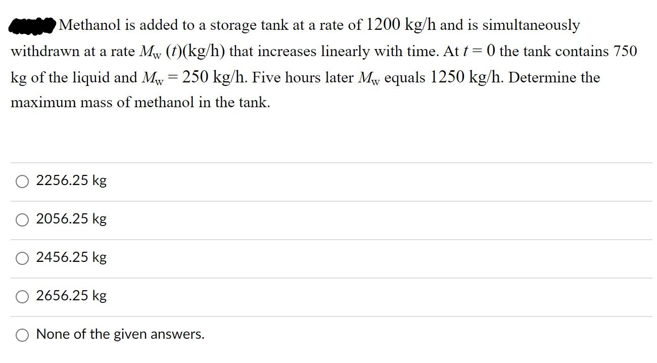 Solved Methanol is added to a storage tank at a rate of 1200 | Chegg.com