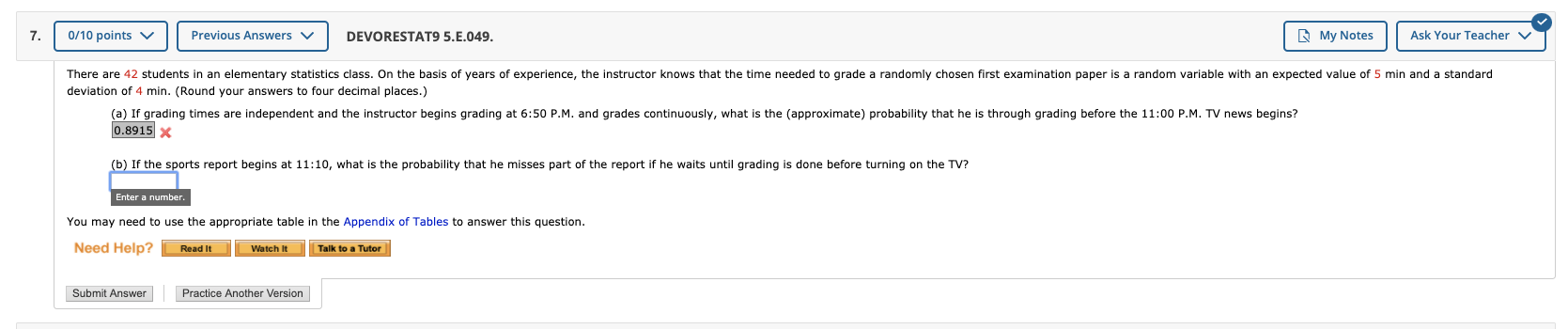 Solved 0/10 points v Previous Answers DEVORESTAT9 5.E.049. | Chegg.com