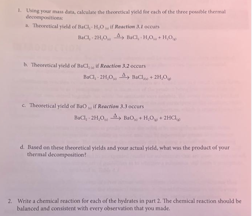 Solved 1. Using your mass data, calculate the theoretical | Chegg.com