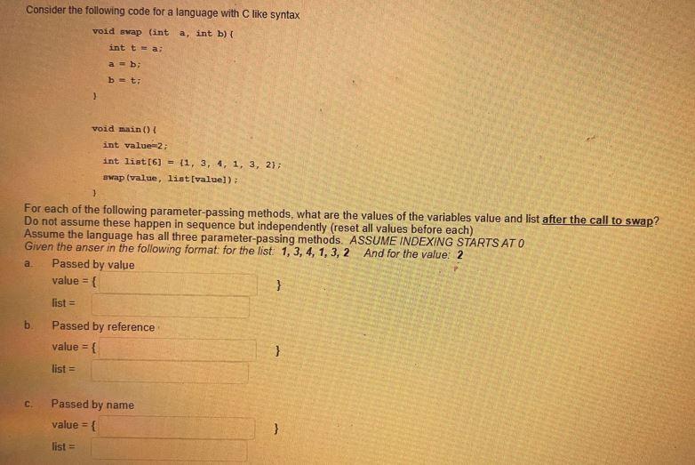 Solved Consider the following code for a language with C | Chegg.com