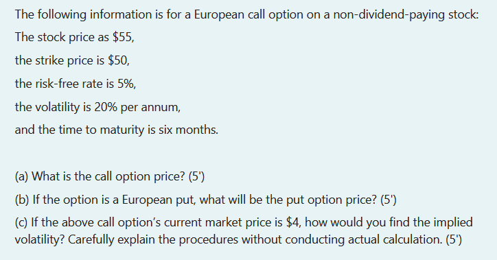 Solved The following information is for a European call | Chegg.com