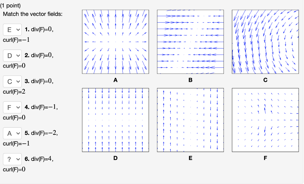 Solved (1 point) Match the vector fields: E v 1. div(F)=0, | Chegg.com