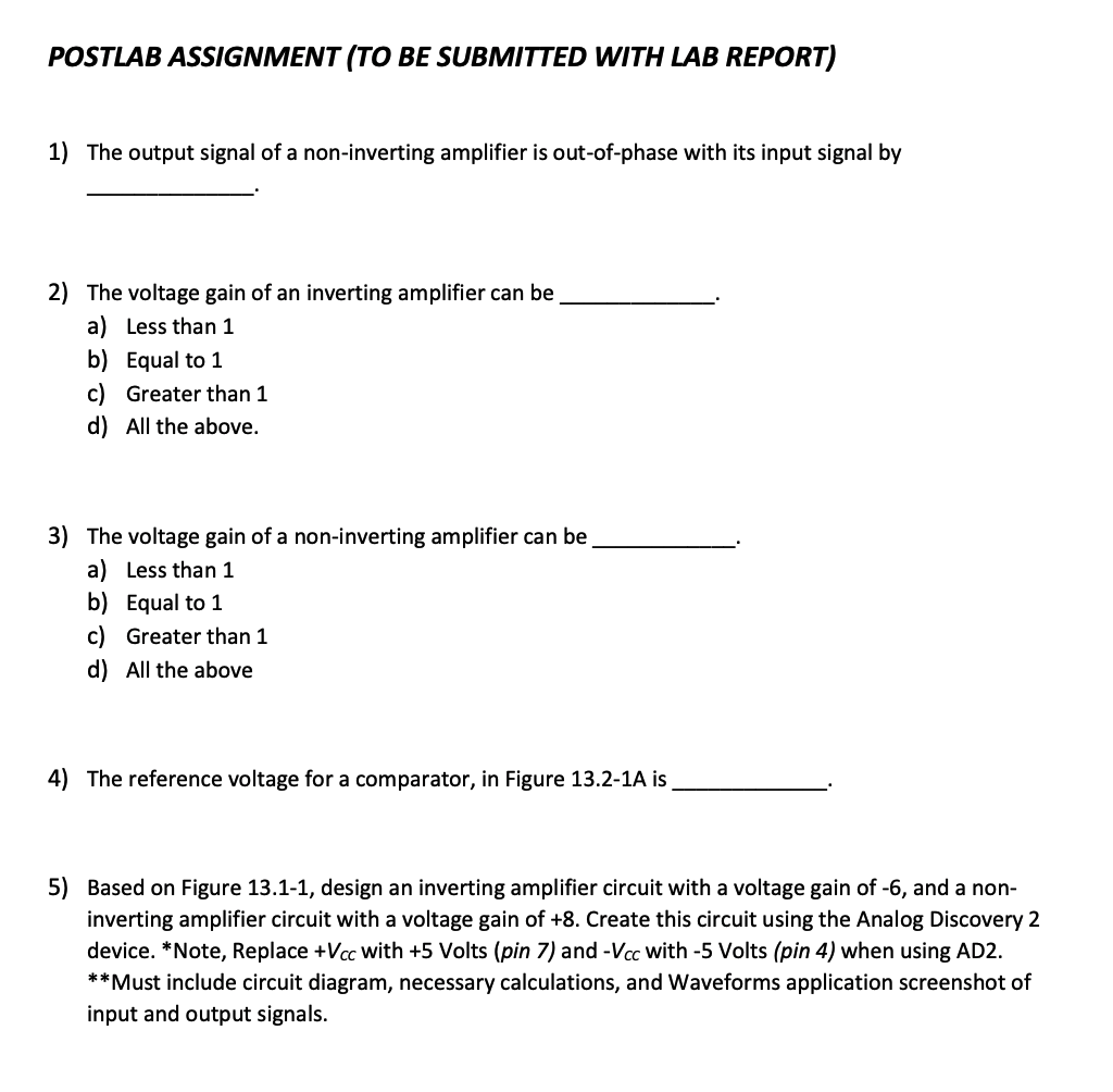 Solved POSTLAB ASSIGNMENT (TO BE SUBMITTED WITH LAB REPORT) | Chegg.com